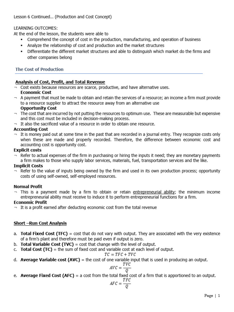 Lesson 6 bm5 | PDF | Average Cost | Profit (Economics)
