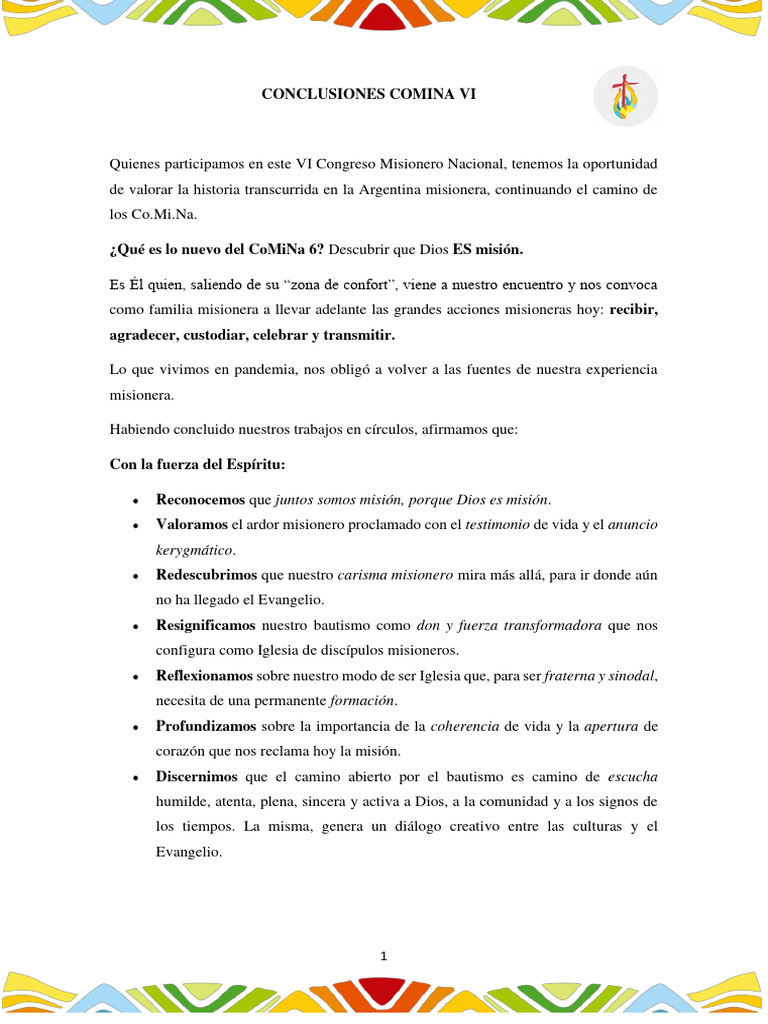 Conclusiones COMINA VI | PDF | Misionero | Iglesia Católica