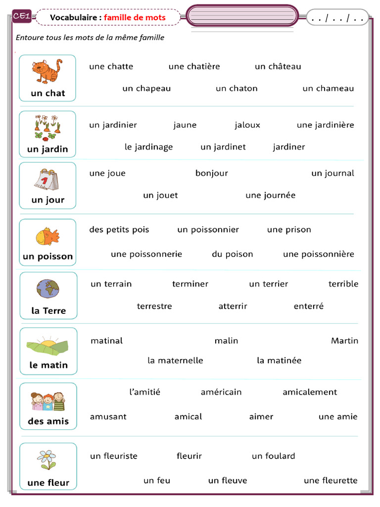Familles de mots CE1 : Exercices pratiques | PDF | Arts du langage et ...