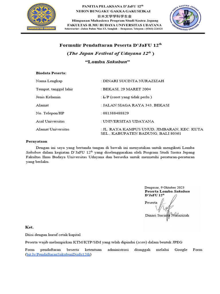Form Pendaftaran Sakubun | PDF