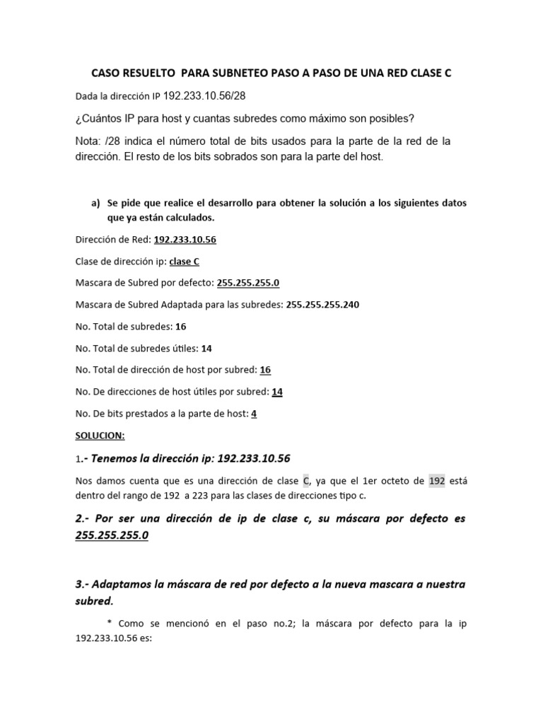 Caso Resuelto para Subneteo Paso A Paso de Una Red Clase B | PDF | Dirección IP | Red de ...