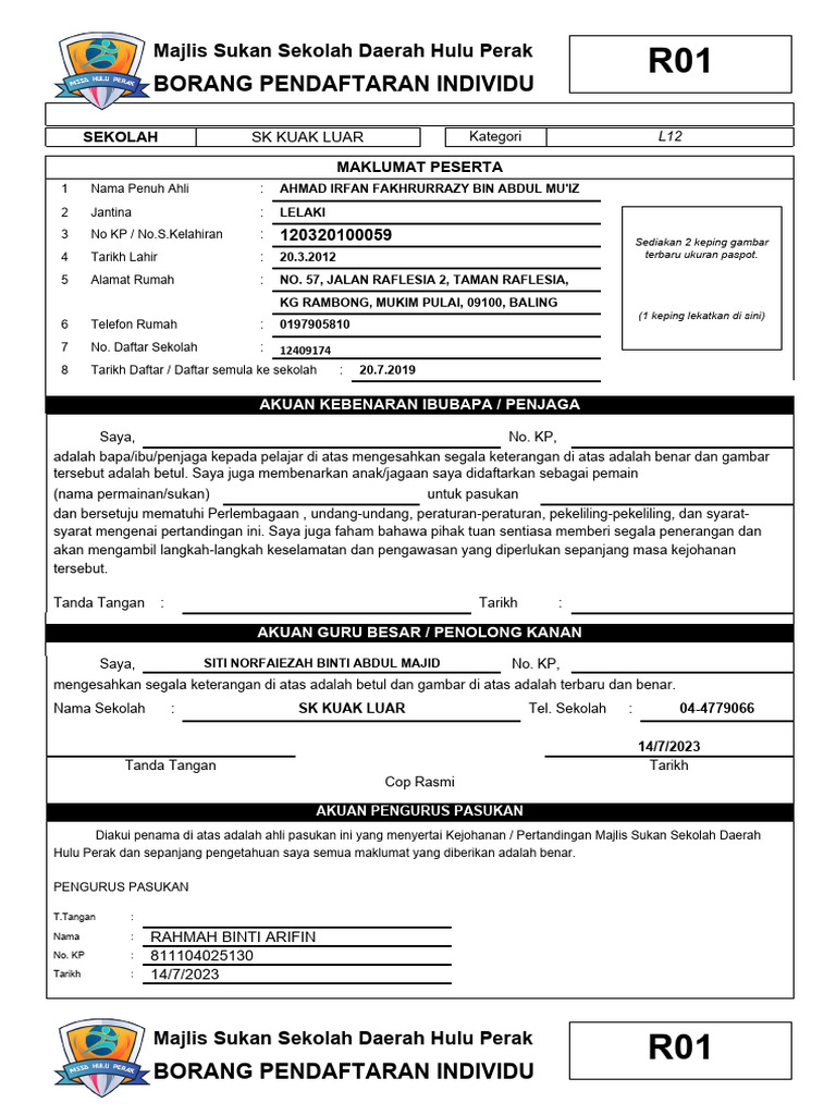 BORANG R01 Daerah | PDF