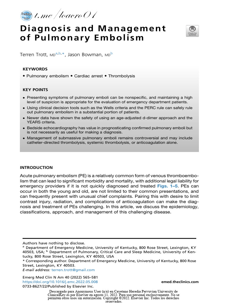 Diagnosis and Management of Pulmonary Embolism | PDF | Embolism | Electrocardiography