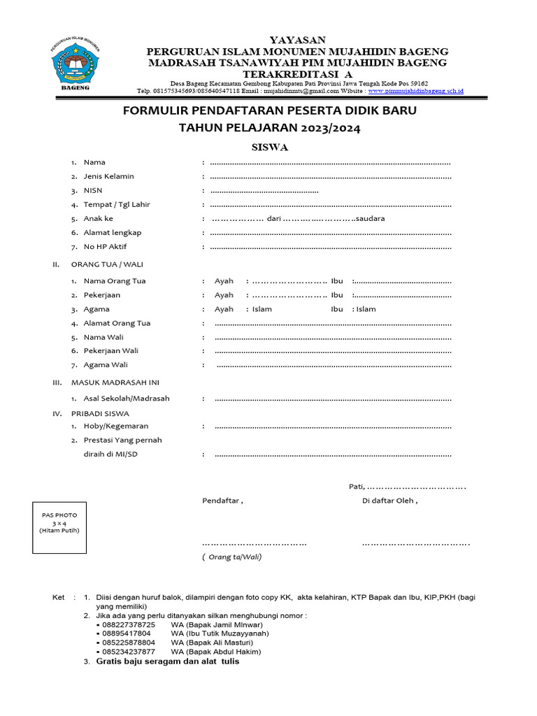 Formulir Pendaftaran Siswa 2022-2023 | PDF