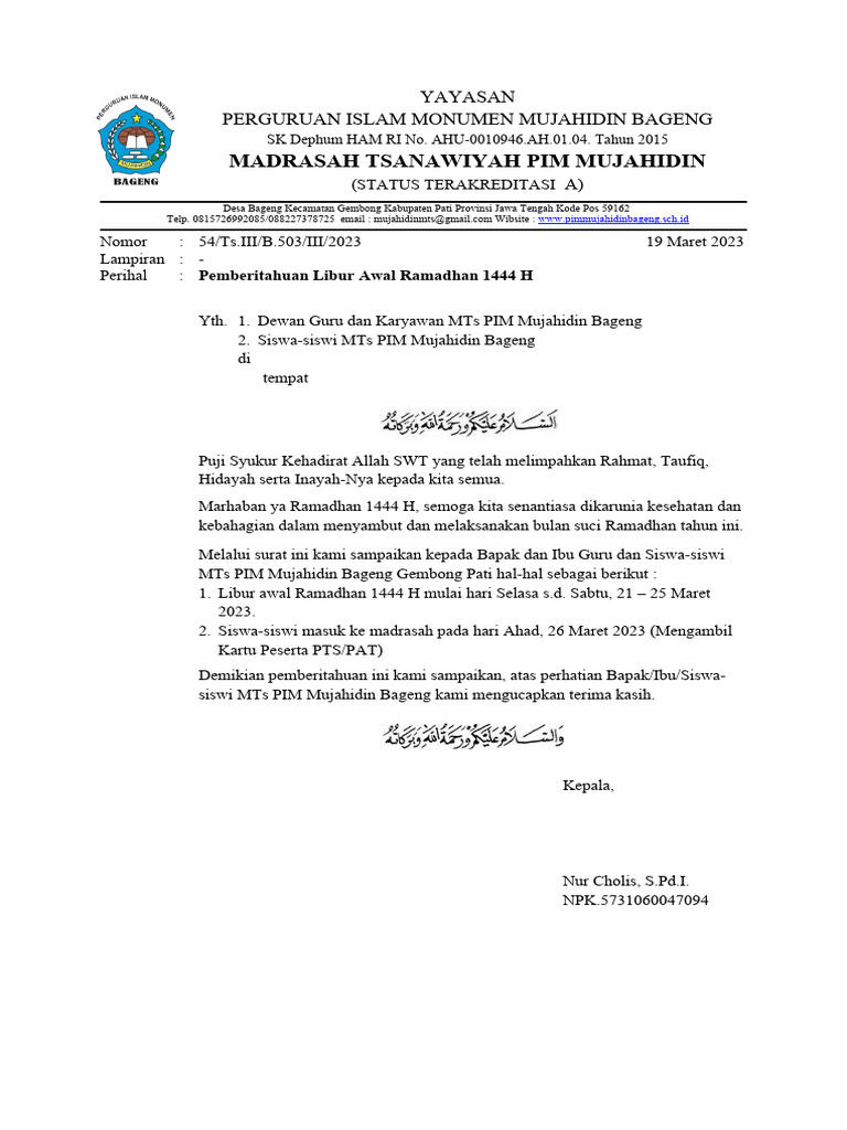 Surat Libur Awal Ramadhan 1444 H | PDF Surat Libur Awal Ramadhan 1444 H | PDF