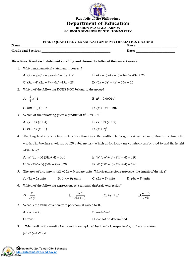 Qe-Q1-Mathematics 8 | PDF