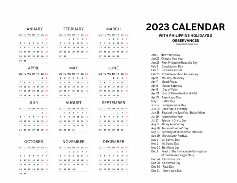2023 Calendar with Philippine Holidays | PDF | Religious Holidays ...
