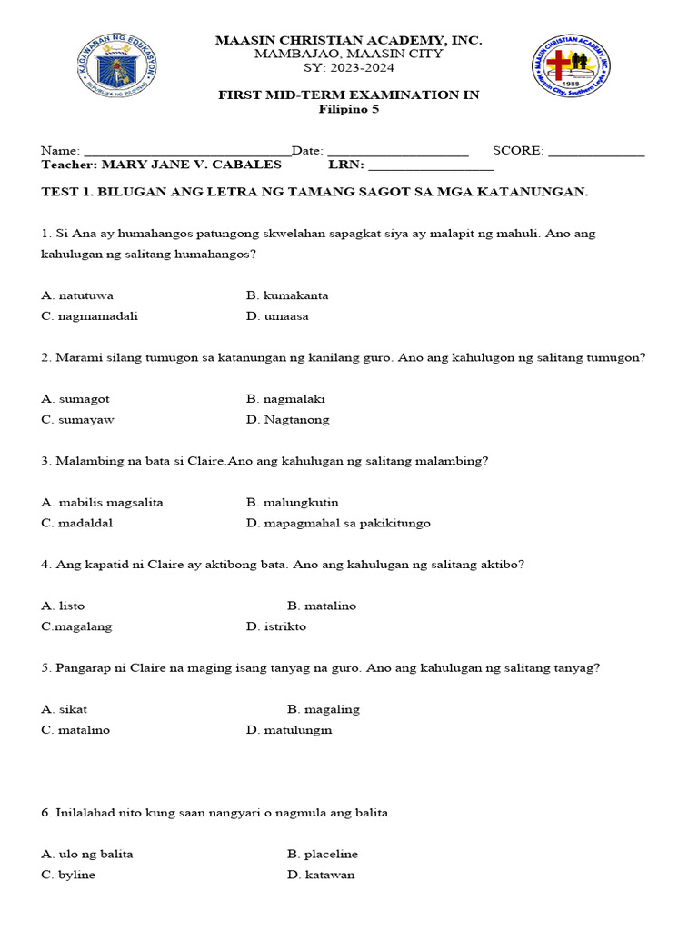 TESTPAPER Filipino | PDF