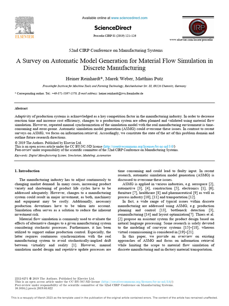 A Survey On Automatic Model Generation For Material Flow Simulation in Discrete Manufacturing ...