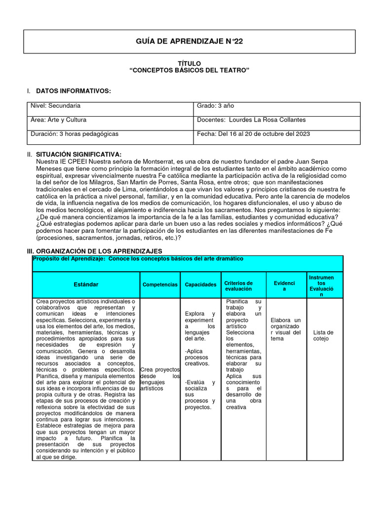 Guia de Aprendizaje N 22 Arte 3 Ano | PDF | Aprendizaje | Evaluación