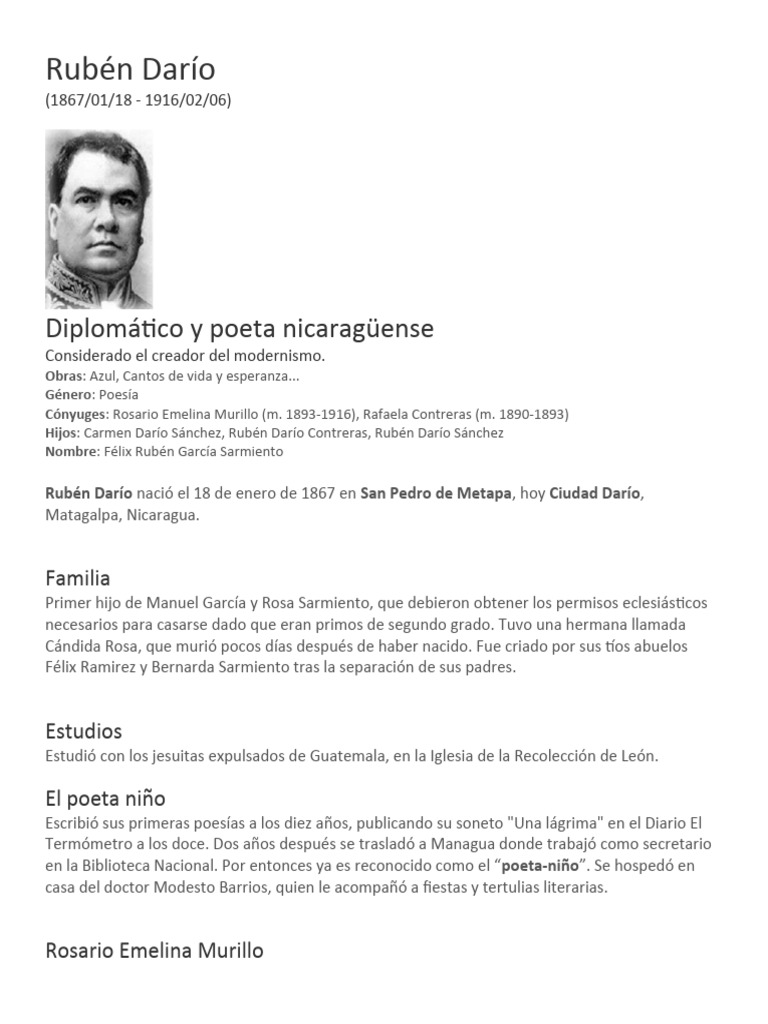 Biografía de Rubén Darío: Vida y Obra | PDF | Historia