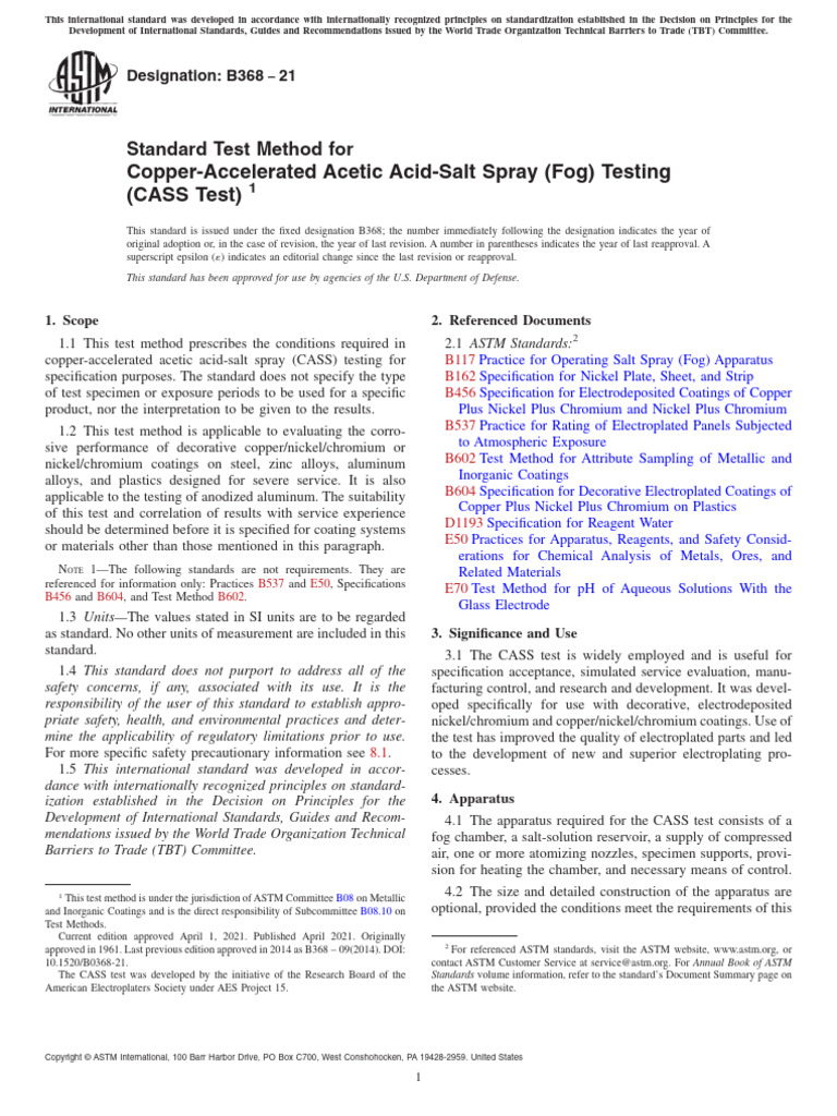 Copper-Accelerated Acetic Acid-Salt Spray (Fog) Testing (CASS Test) | PDF