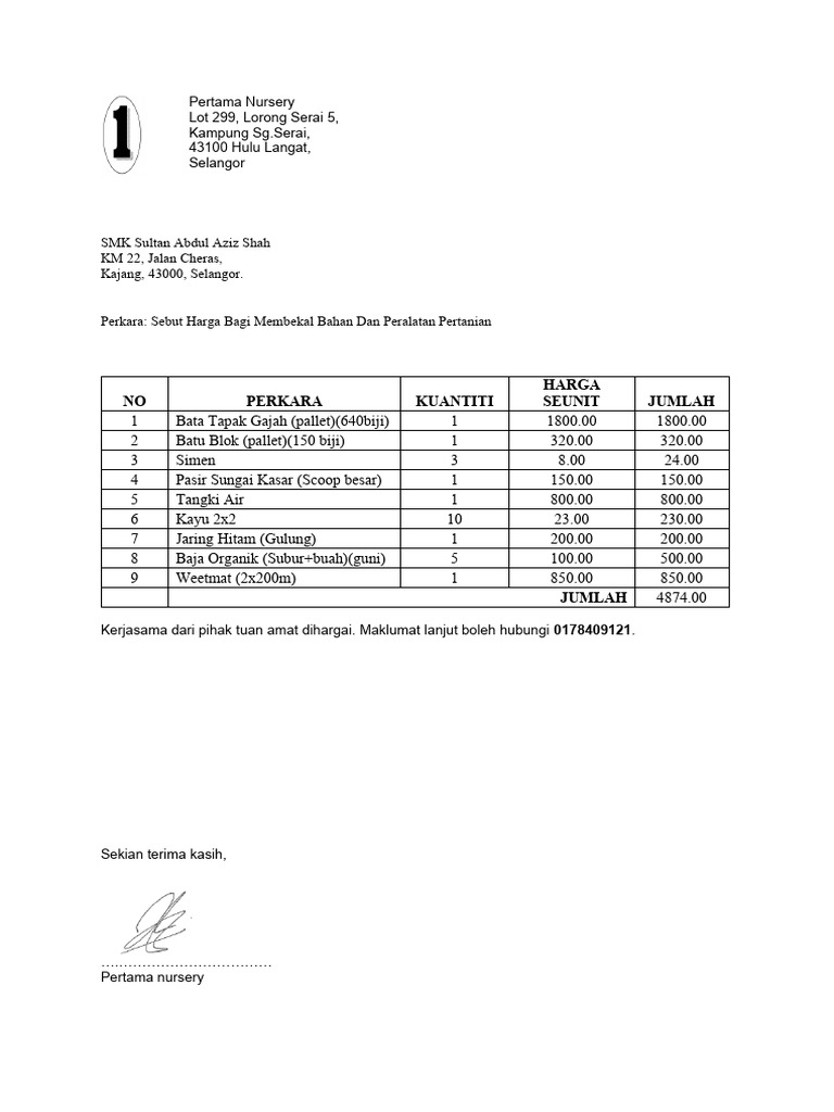 Sebut Harga SMK SAAS (Pertama Nursery) | PDF