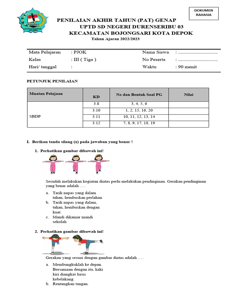 Soal PAT PJOK Kelas 3 2022-2023 | PDF