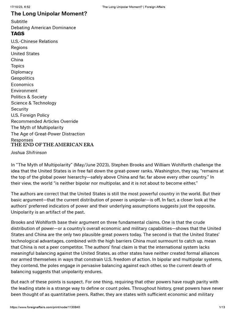 FA_The Long Unipolar Moment. Debating American Dominance _ Foreign ...