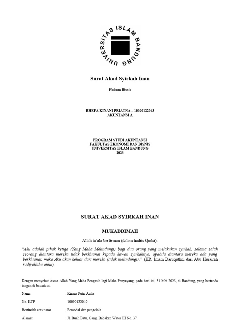 Rhefa Kinani Priatna - 10090122043 - A - Surat Akad Syirkah Inan | PDF
