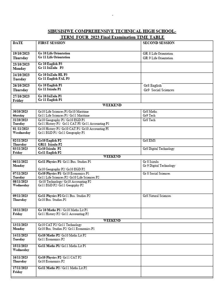 Composite Time Table Term 4 | PDF