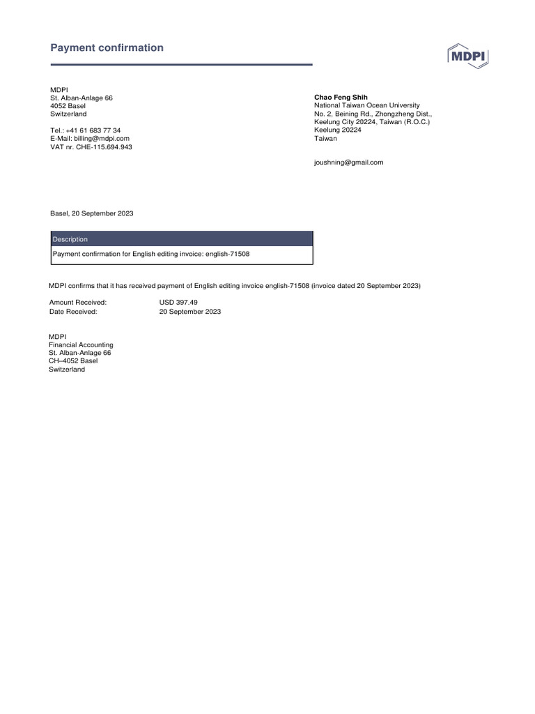 Receipt MDPI English Editing Invoice English-71508 397.49USD | PDF