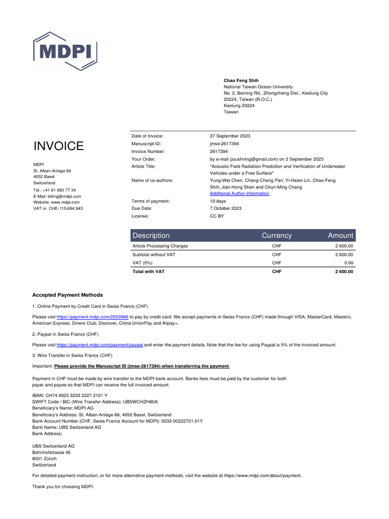 Invoice for MDPI Article Processing | PDF
