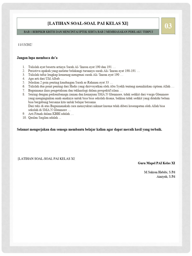 Latihan Soal Pai Ke 03 Kelas Xi | PDF Latihan Soal Pai Ke 03 Kelas Xi | PDF