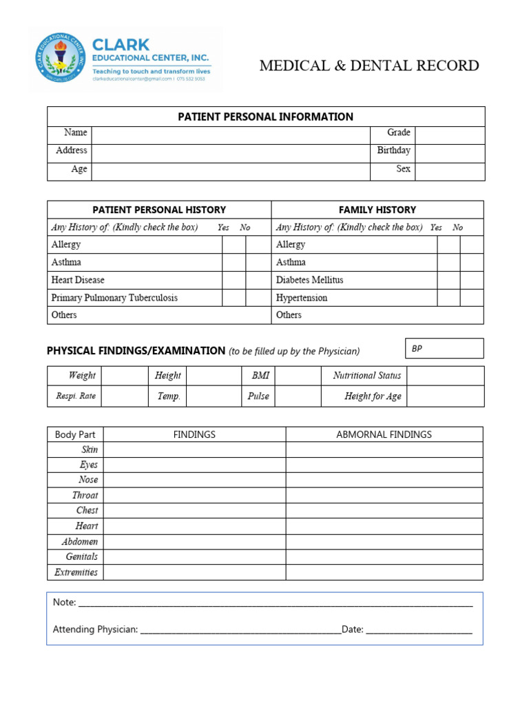 Medical Dental Form | PDF | Physical Examination | Causes Of Death