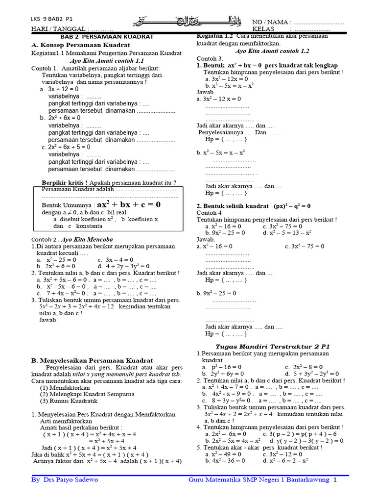 LKS 9 Bab 2 Persamaan Kuadrat | PDF | Sains & Matematika | Komputer