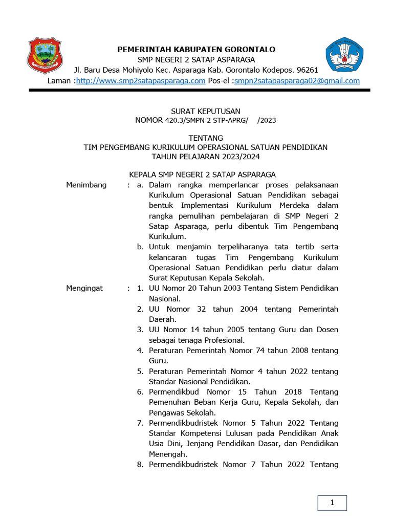 SK Tim Pengembang KOSP SMPN 2 SATAP ASPARAGA | PDF