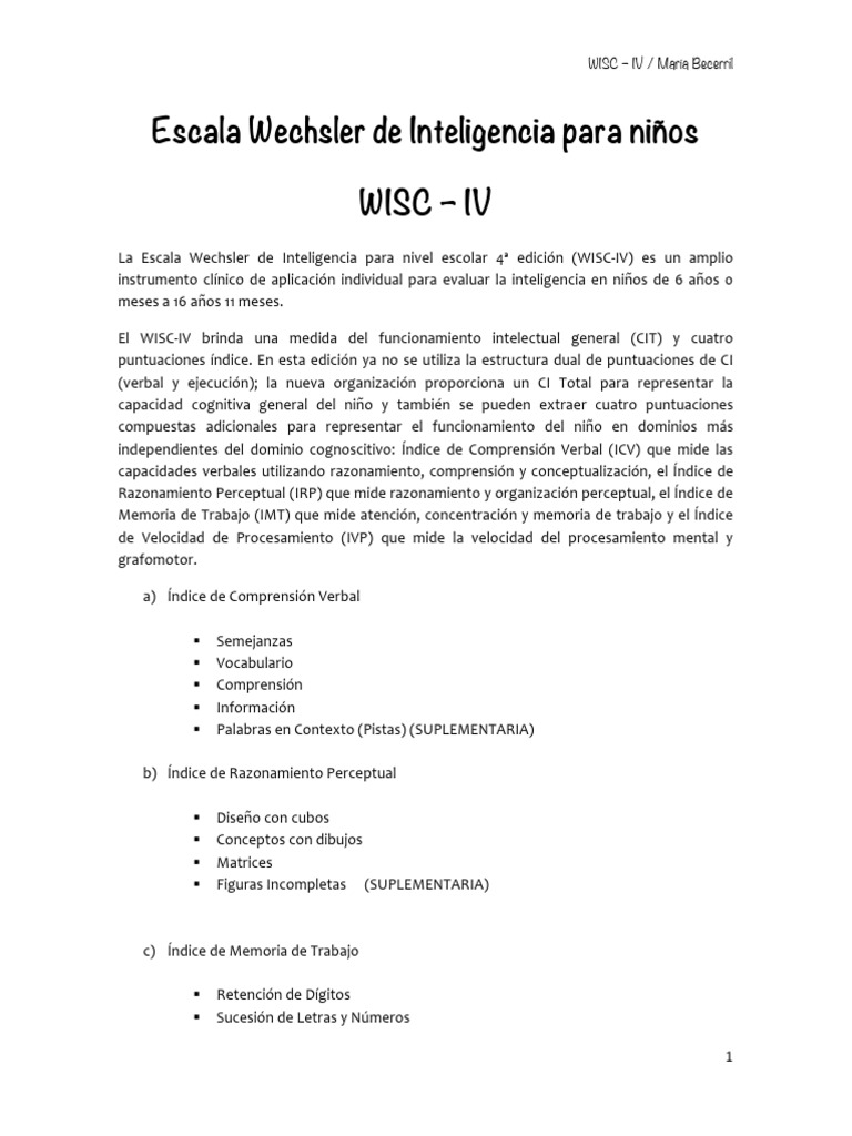 WISC IV | PDF | Cognición | Ciencia cognitiva