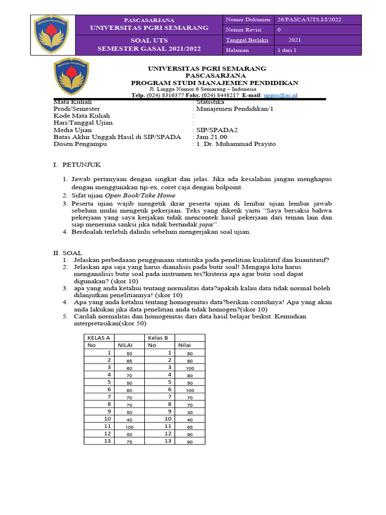 Soal UTS Statistika MP Gasal 2021 - 2022 V 2 | PDF Soal UTS Statistika MP Gasal 2021 - 2022 V 2 | PDF