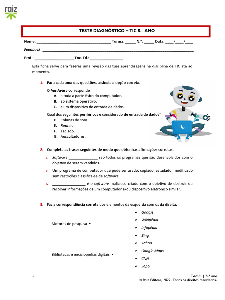 Teste Diagnóstico TIC 8.º Ano | PDF | Internet | Rede de computadores