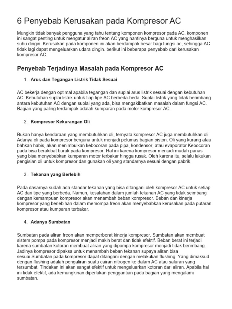 6 Penyebab Kerusakan Pada Kompresor AC | PDF