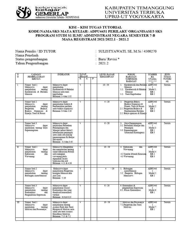 Adpu4431 Kisi-Kisi Perilaku Organisasi | PDF | Sains & Matematika