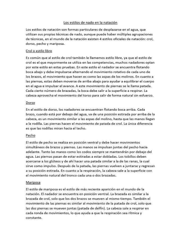 Los Estilos de Nado en La Natación | PDF | Nadando | Actividades de ocio