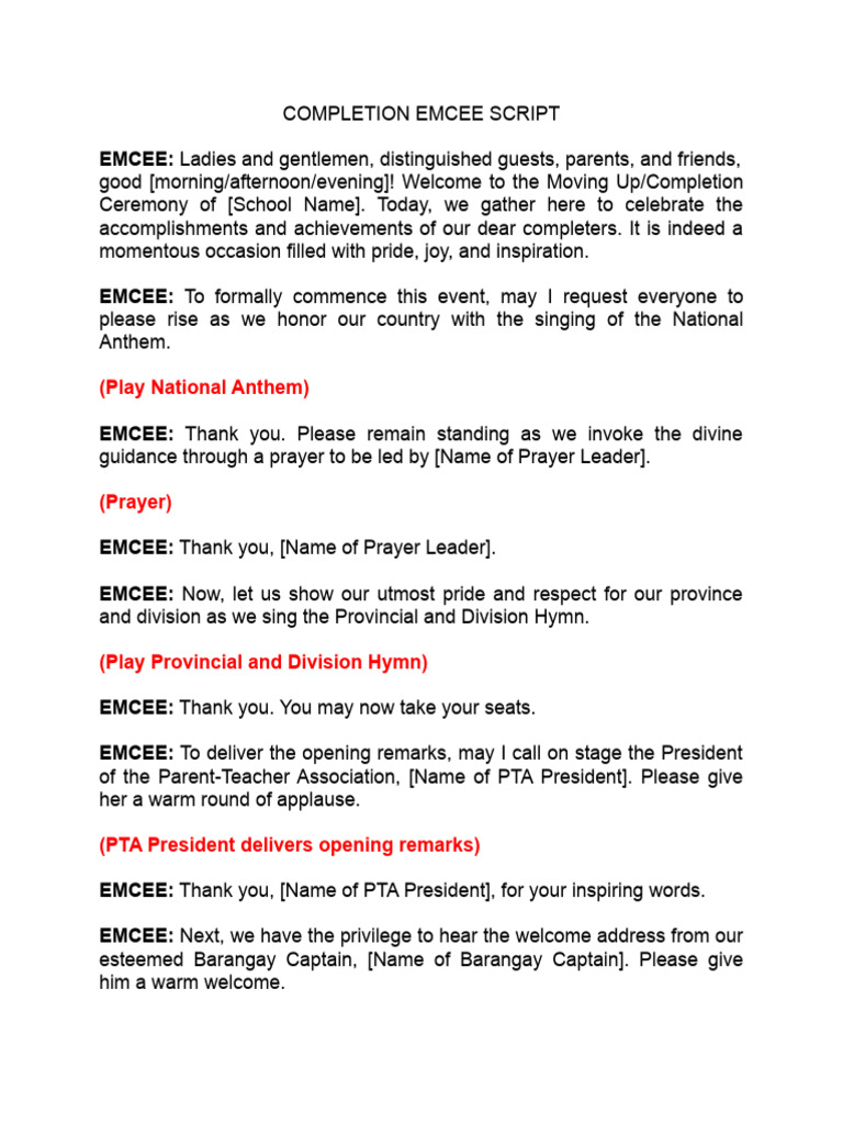 Moving Up Completion Emcee Script English | PDF