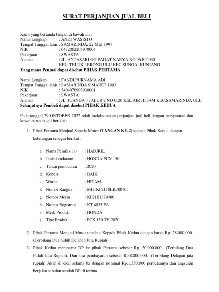 Surat Perjanjian Jual Beli Motor Format Word - 2 | PDF