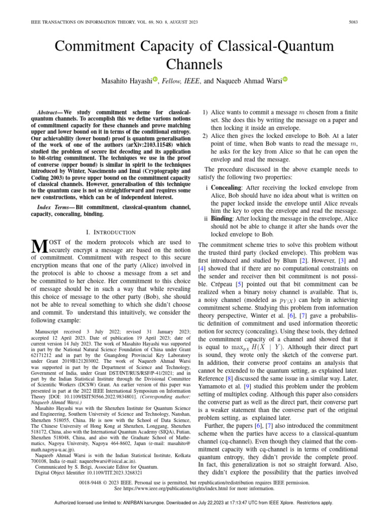 Commitment Capacity of Classical-Quantum Channels | PDF | Probability Distribution | Applied ...