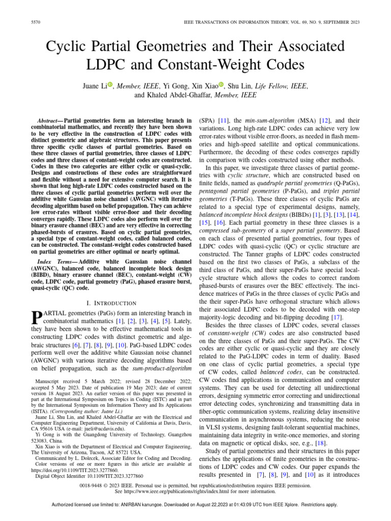 Cyclic Partial Geometries and Their Associated LDPC and Constant-Weight ...
