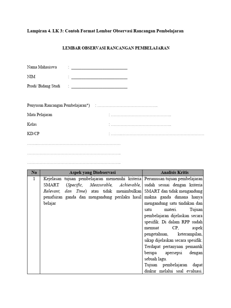 LK 3 Contoh Format Lembar Observasi Rancangan Pembelajaran | PDF