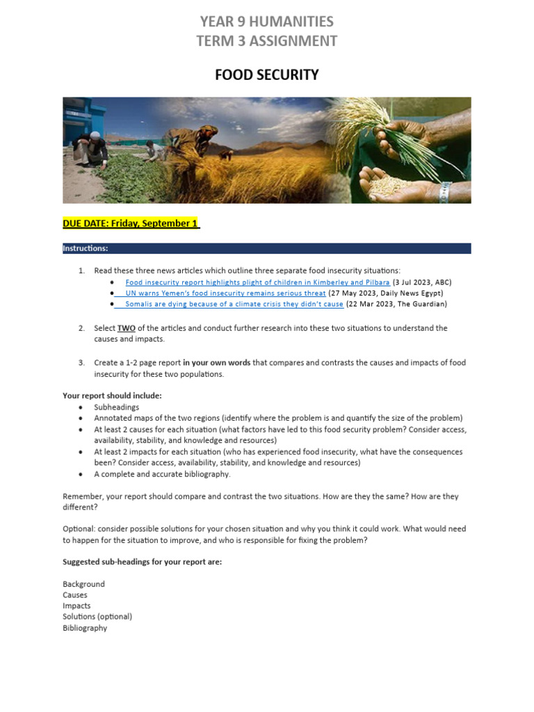 Year 9 Food Security Assignment Guide | PDF | Social Science