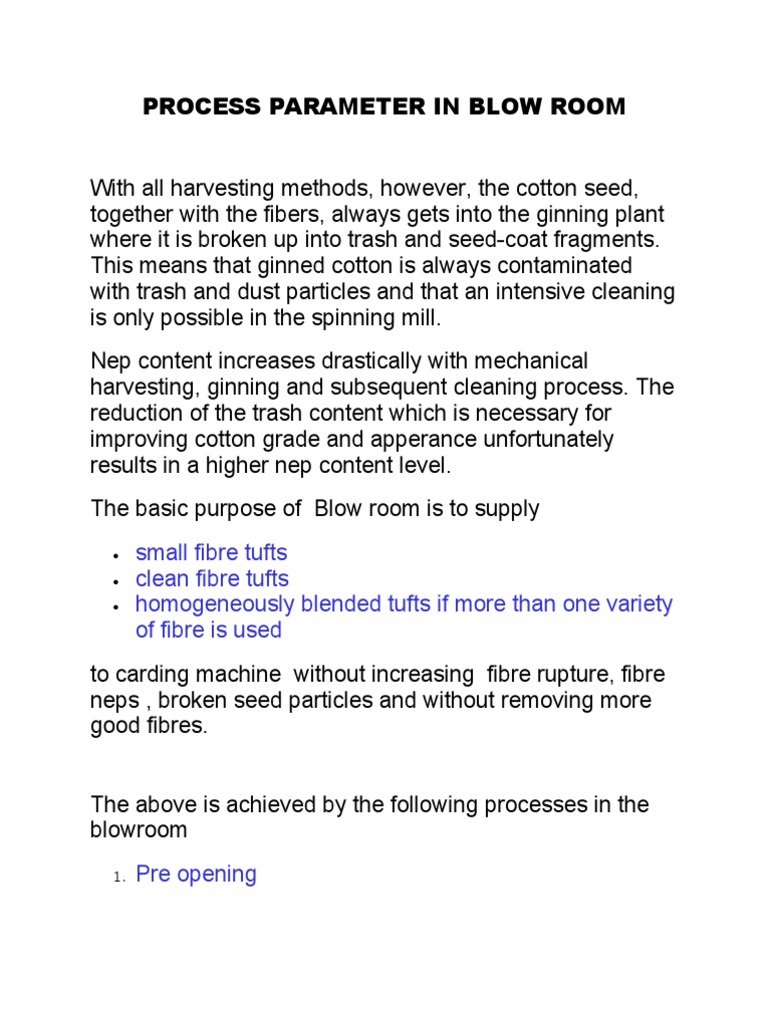 Blow Room Process Parameters Explained | PDF | Nature