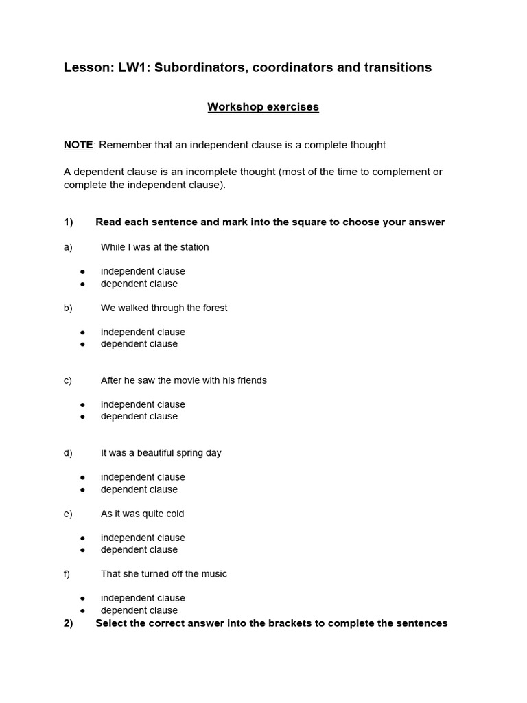 Lesson - LW1 - Subordinators, Coordinators and Transitions | PDF