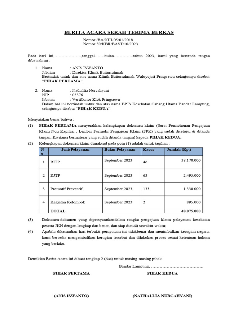 Berita Acara Klaim BPJS Bulan September 2023 | PDF