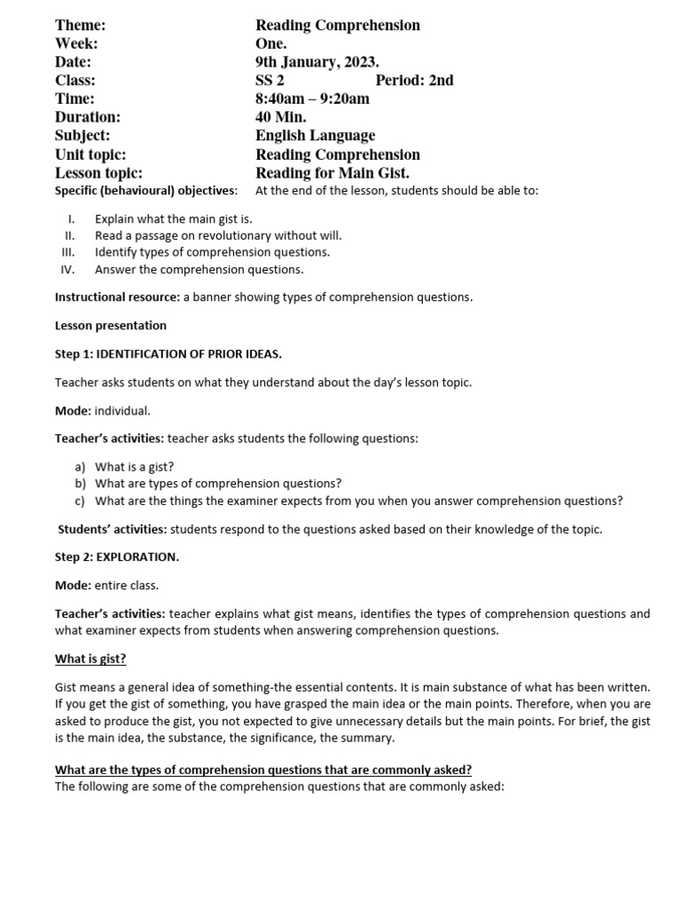 Reading for Main Gist in SS2 | PDF | Reading Comprehension | Question