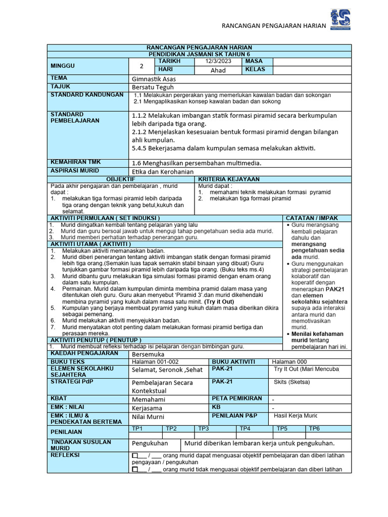 RPH Minggu 2 Pendidikan Jasmani THN 6 2023 by Cikgu Gorgeous | PDF