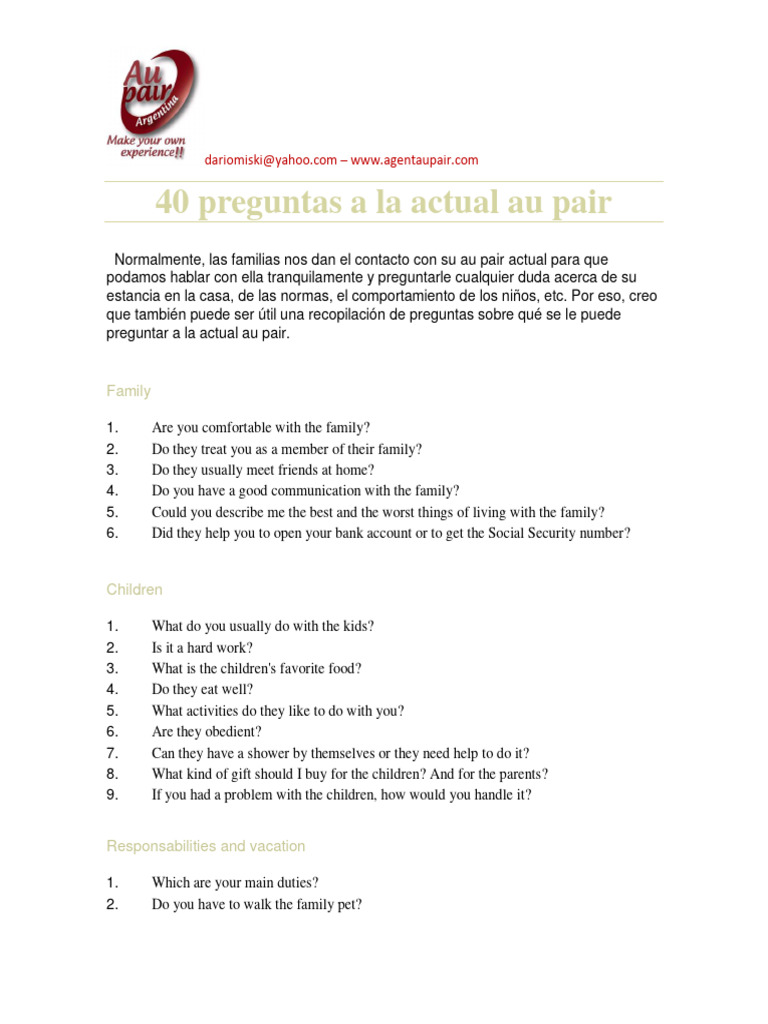 40 Preguntas A La Actual Au Pair | PDF