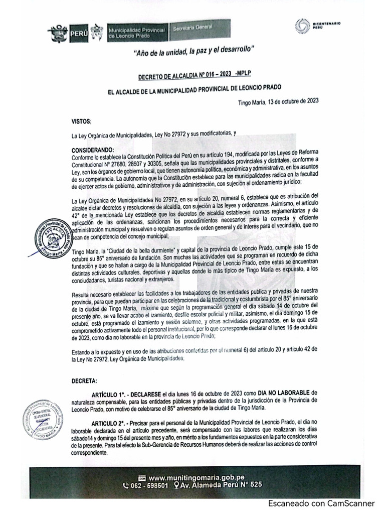 Decreto de Alcaldia #016-2023-Mplp | PDF