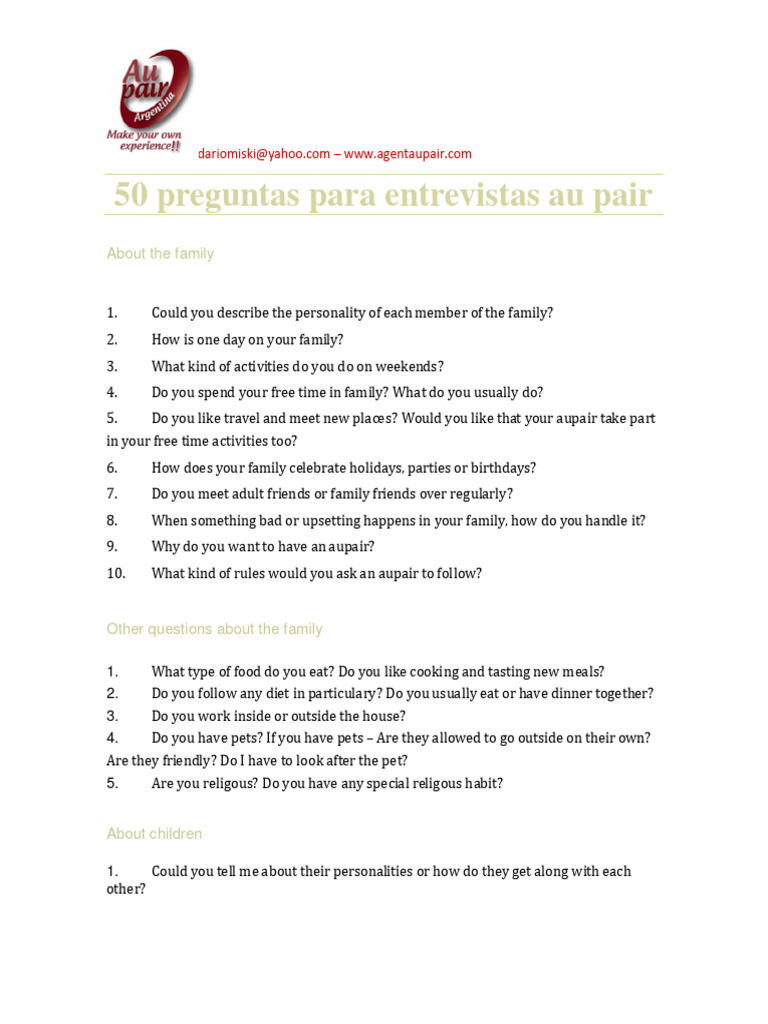 50 Essential Au Pair Interview Questions | PDF | Family | Childhood