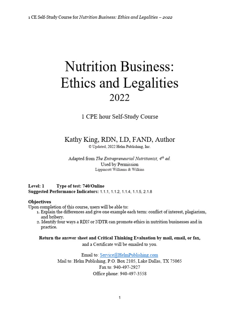 1 Ethics-Nutrition Business-Ethics and Legalities 2022 | PDF ...