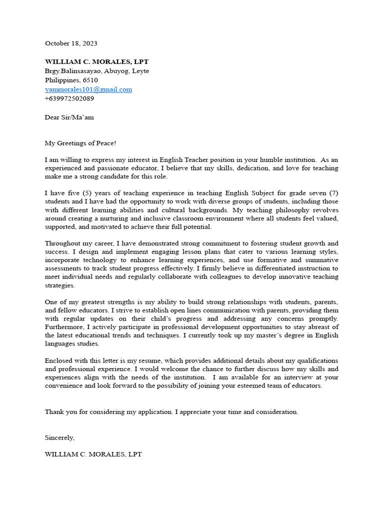 Cover Letter - William C. Morales, LPT | PDF
