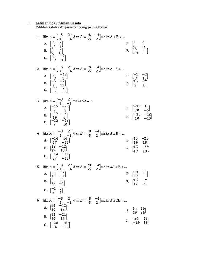 Latihan Soal Matriks (Persiapan UH 2) | PDF